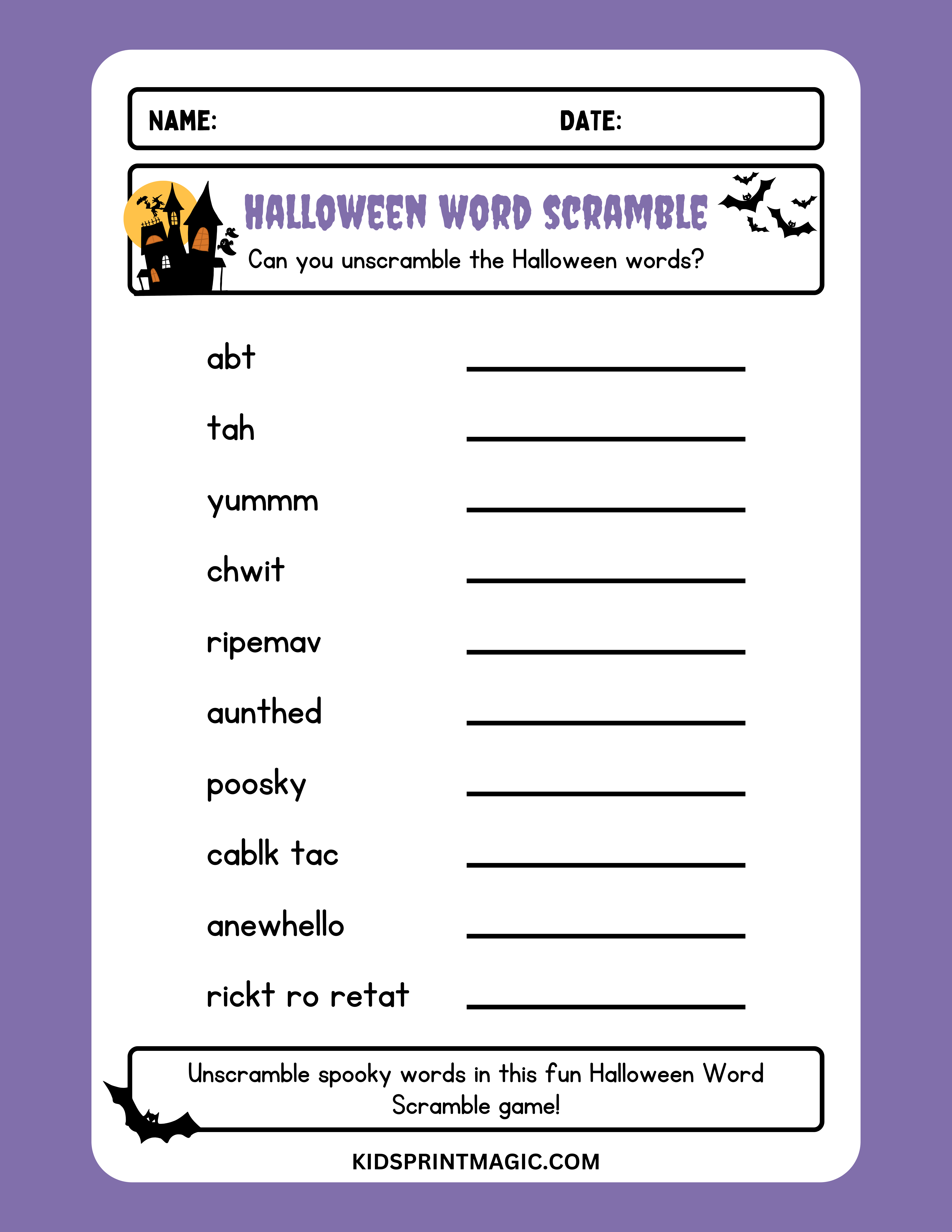 Free Printable Halloween Word Scramble – Kids Print Magic