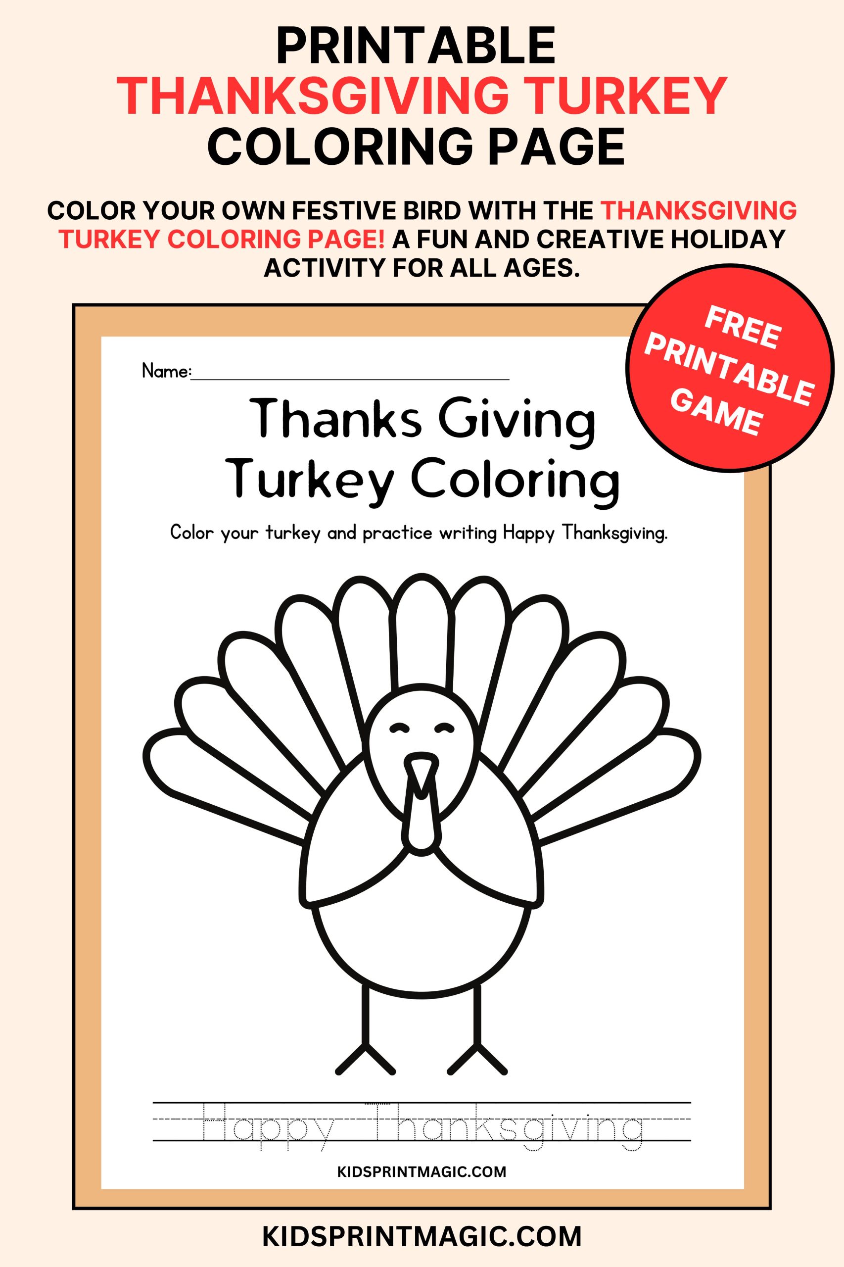 Free Printable Thanksgiving Turkey Coloring – Kids Print Magic