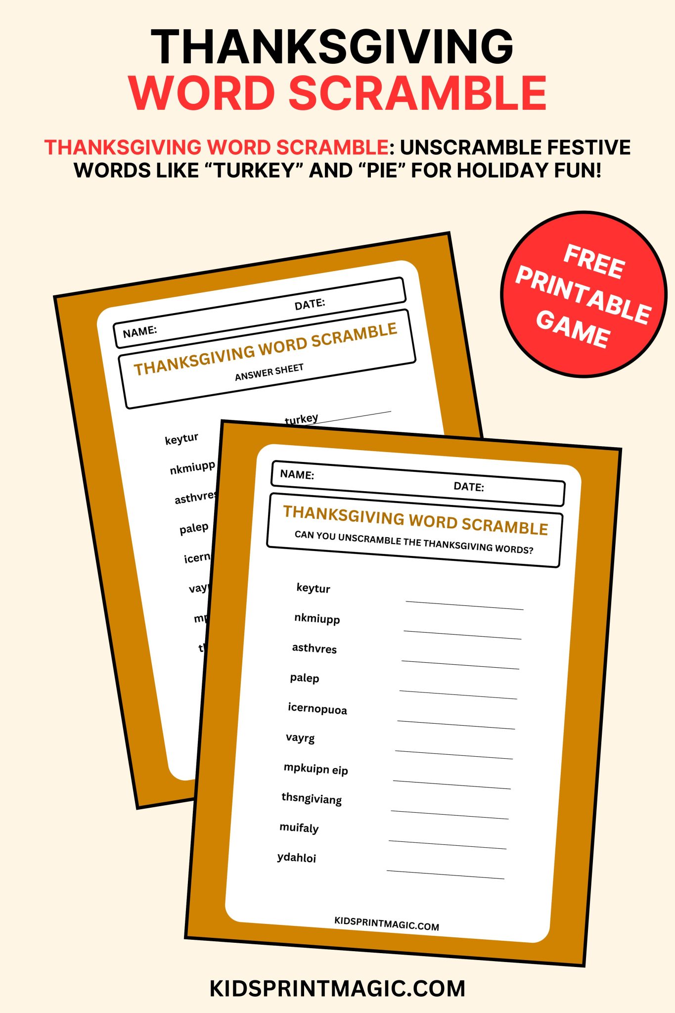 Free Printable Thanksgiving Word Scramble Game – Kids Print Magic