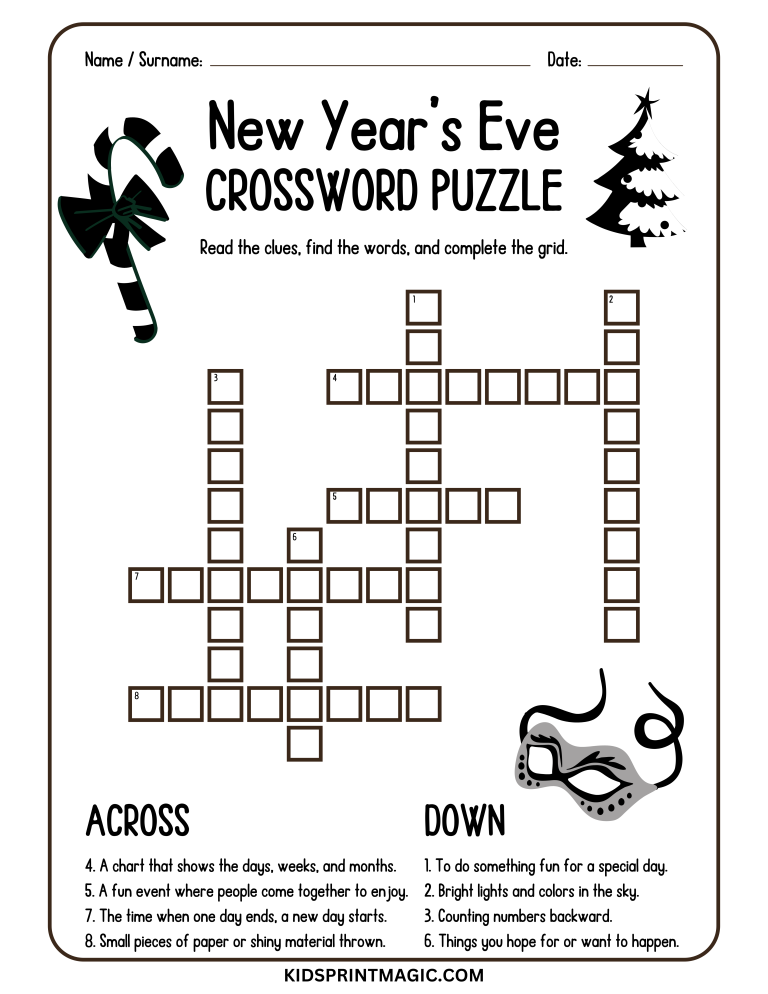 Free Printable New Year’s Eve crossword puzzle – Kids Print Magic
