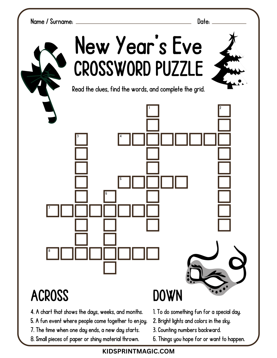 Free Printable New Year’s Eve crossword puzzle – Kids Print Magic