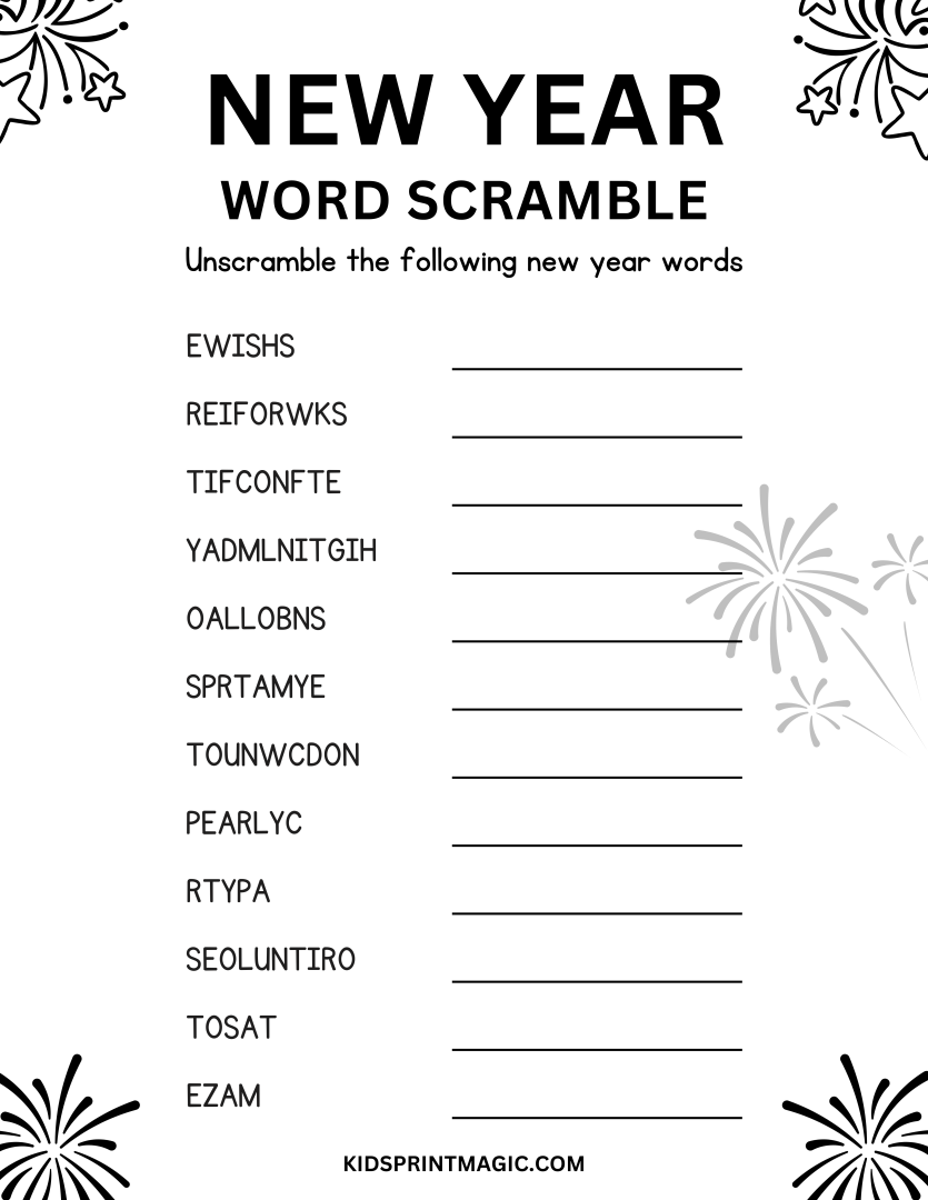 Free Printable New Year Word Scramble – Kids Print Magic