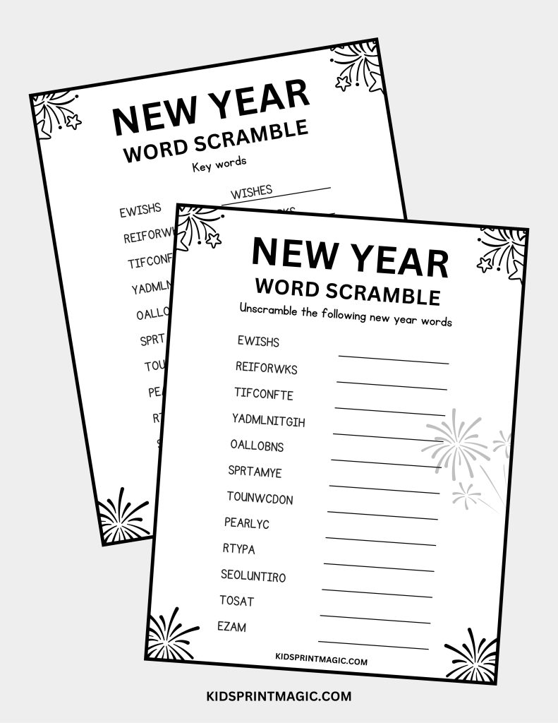 Free Printable New Year Word Scramble – Kids Print Magic