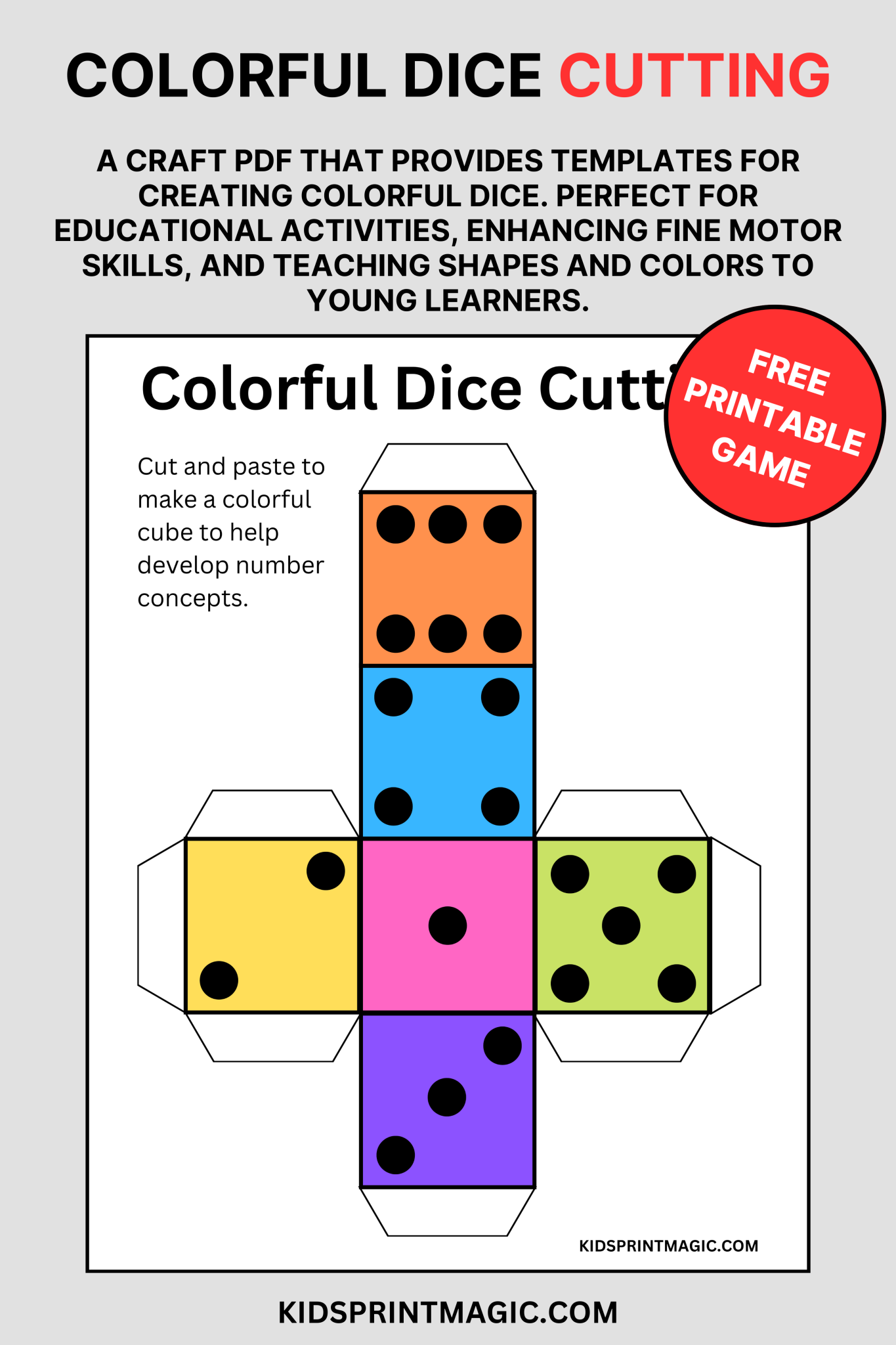 Free Printable Colorful Dice Cutting – Kids Print Magic