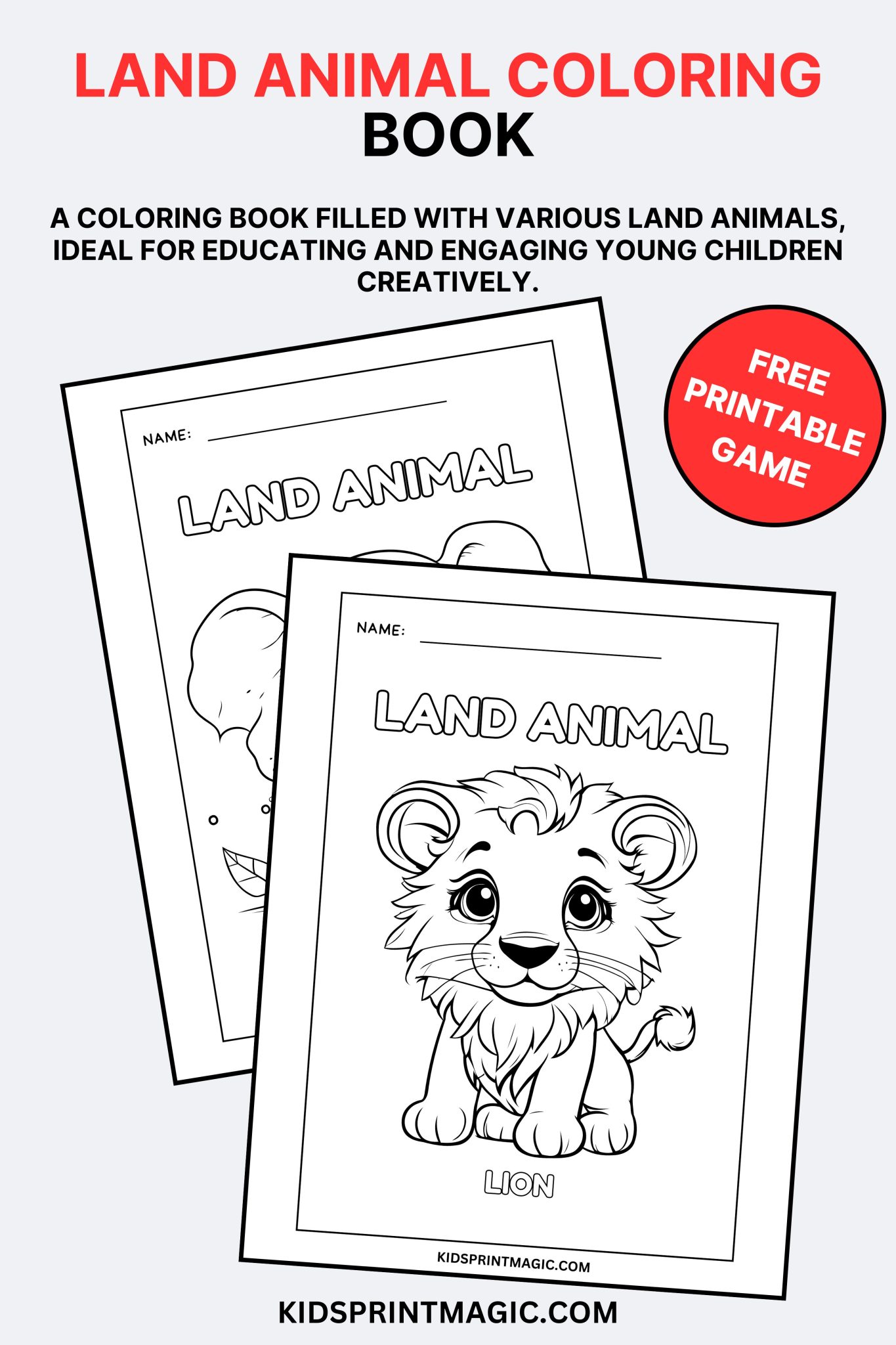 Free Printable Land Animal Coloring – Kids Print Magic